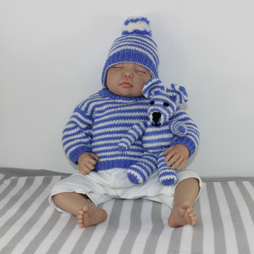 Baby Stripe Sweater, Bobble Beanie Hat & Teddy Bear Toy
